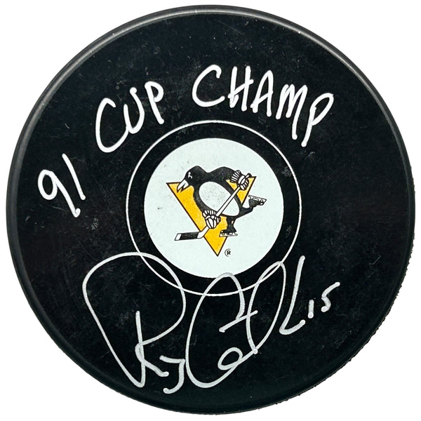Randy Gilhen Signed, Inscribed "91 Cup Champ" Pittsburgh Penguins Puck ...